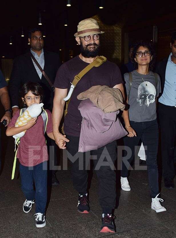 Aamir Khan, Kiran Rao and Azad Rao Khan return from their London vacay ...