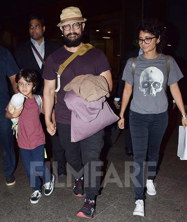 Aamir Khan, Kiran Rao and Azad Rao Khan return from their London vacay ...